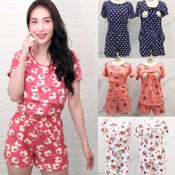 Breastfeeding Pandede Shirt + Shorts Set korean Terno Pambahay Pangalis ...