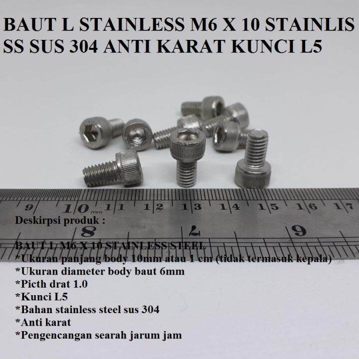BAUT L STAINLESS M6 X 10 STAINLIS SS SUS 304 ANTI KARAT KUNCI L5 / L ...