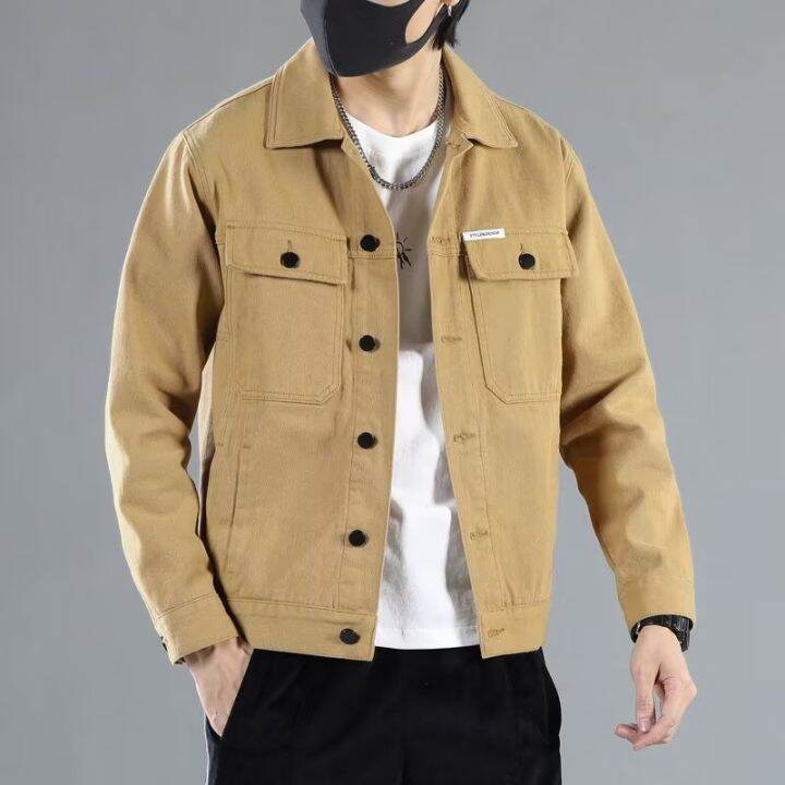 【M-4Xl】Linen Turn Over Khaki Cargo Jacket Fashion Denim Jacket For Men ...