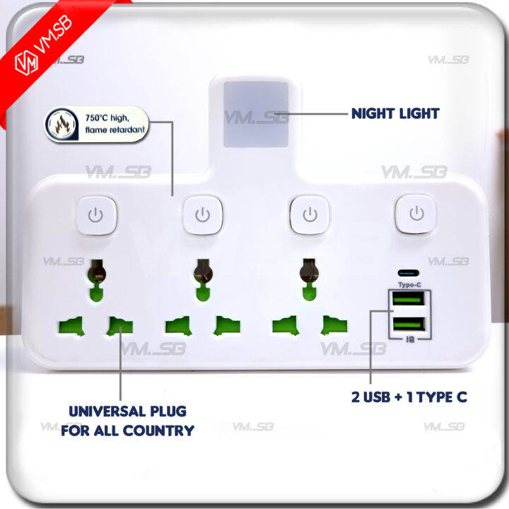 T-Adaport Multi Adaptor 3pin Universal Outlet USB Type C Extension Plug ...
