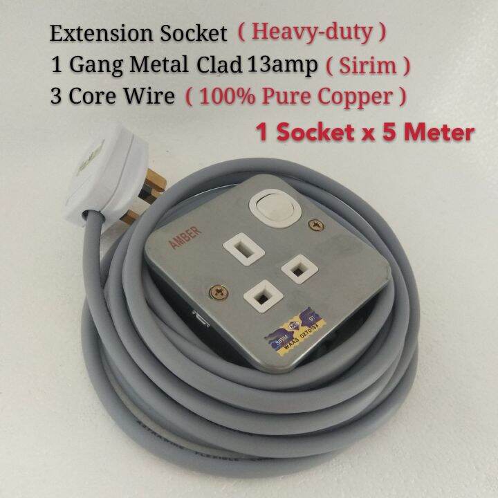 Extension Socket Heavy-Duty 13amp 1 Gang Metal Clad Switch Socket Wire 3 Core 40/076 x 5 Meter ...