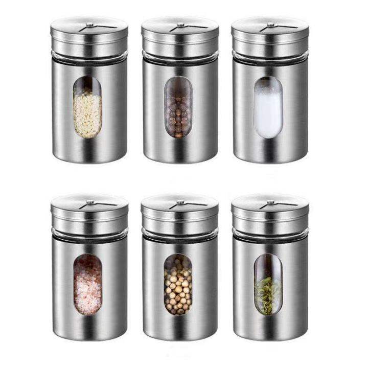 6pcs/set Stainless Steel Condiments Bottle Rotating Cover Seasoning Can ...