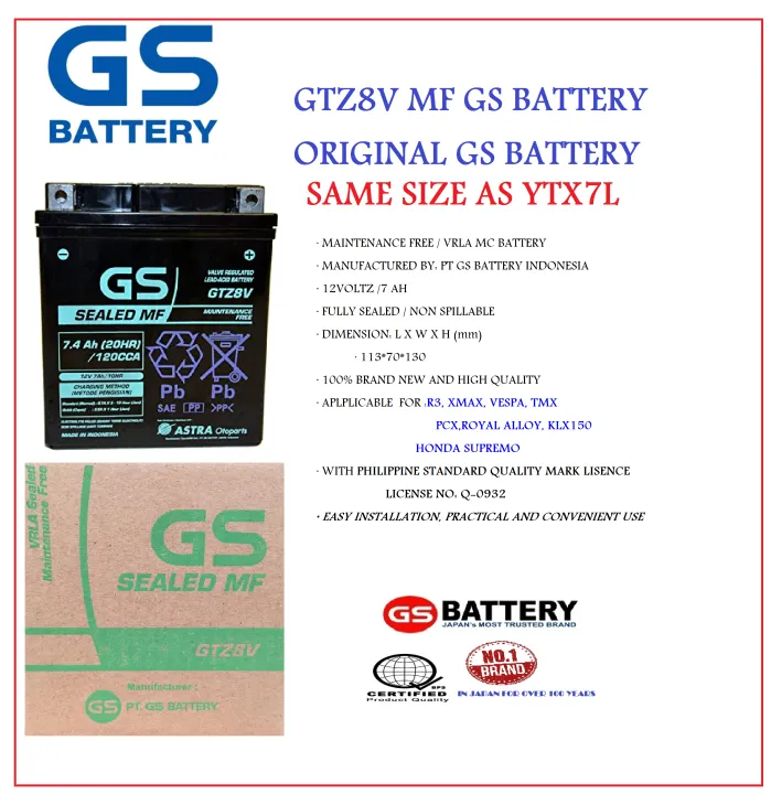 GTZ8V MF/VRLA ORIGINAL GS BATTERY (FOR YOUR HONDA SUPREMO, XMAX, VESPA ...