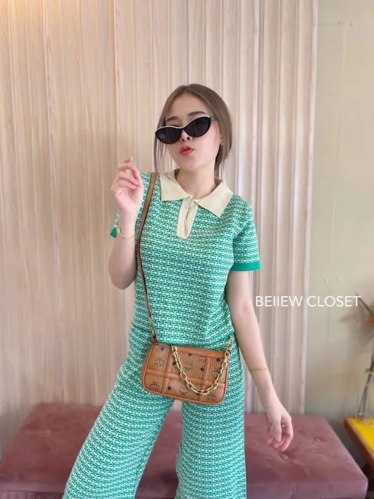 Risara💕งานชุดเซ็ทเสื้อแขนสั้นทรงคอโปโลแพ็คคู่มากับกางเกงขายาว เป็นงานทอ ...