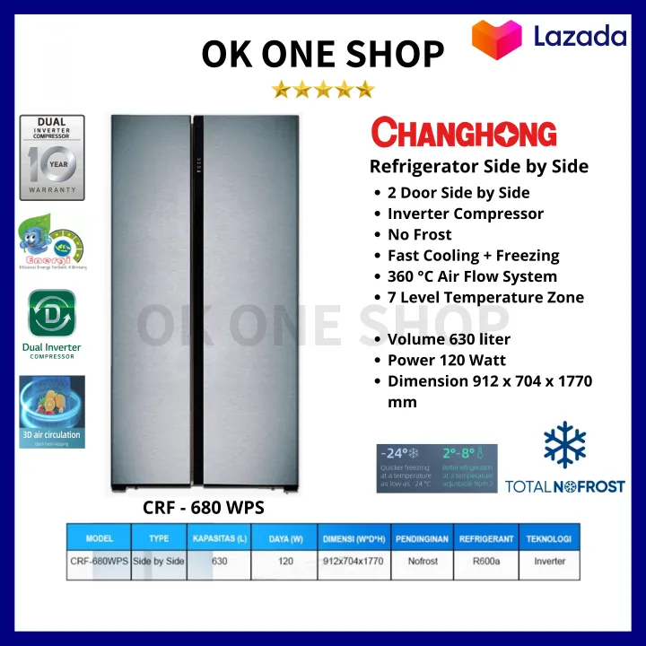 Changhong Refrigerator Side by Side CRF-680WPS | Lazada Indonesia