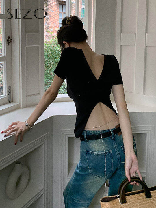 SEZO เสื้อยืดผ่าแขนสั้นเปิดหลังสำหรับผู้หญิง y2k | Lazada.co.th