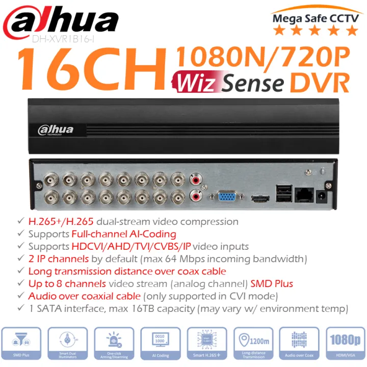 Dahua DH-XVR1B16-I 16-Channel 1080p H.265 Pentabrid Wizsense DVR, 1 ...