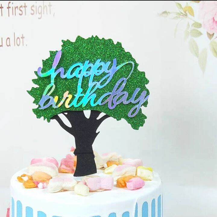 Summer Forest Theme Glitter Tree Happy Birthday Paper Card Cake Topper