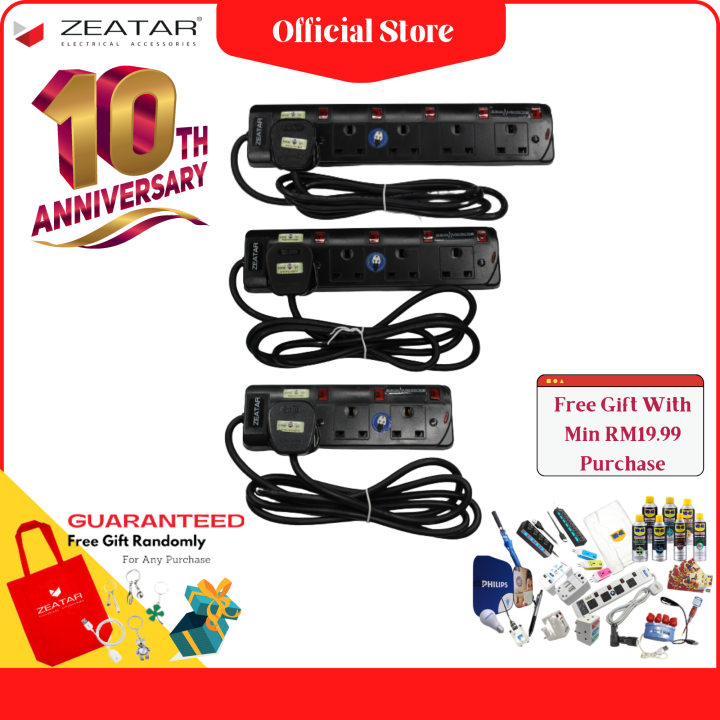 Zeatar Premium 3 Pin Portable Extension Trailing Socket Surge Protector 3 4 5 Way 2 Meters Sirim