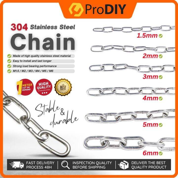 1 Meter Stainless Steel Chain 304 1.5mm / 2mm / 3mm / 4mm / 5mm / 6mm Anti Rust Rantai Keluli ...