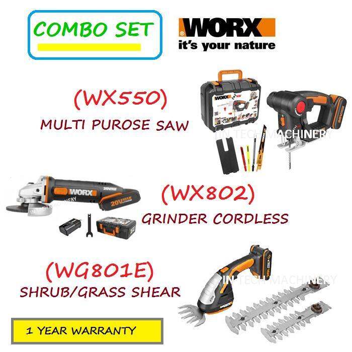 WORX COMBO SET WX550 MULTI PURPOSE SAW+WX802 ANGLE GRINDER CORDLESS+WG801E 20V ZEN CORDLESS ...