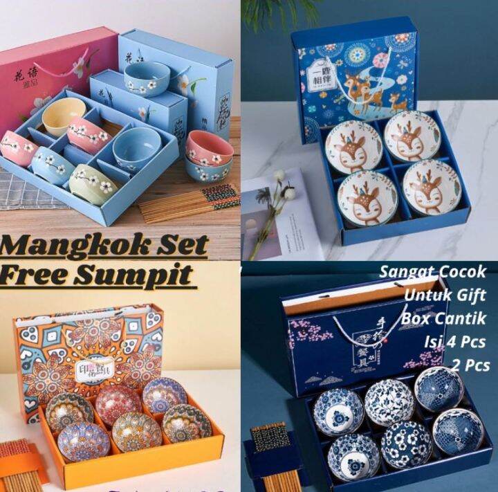 Mangkok Set Japan Motif Antik Bahan Keramik Plus Paper Bag dan Sumpit ...