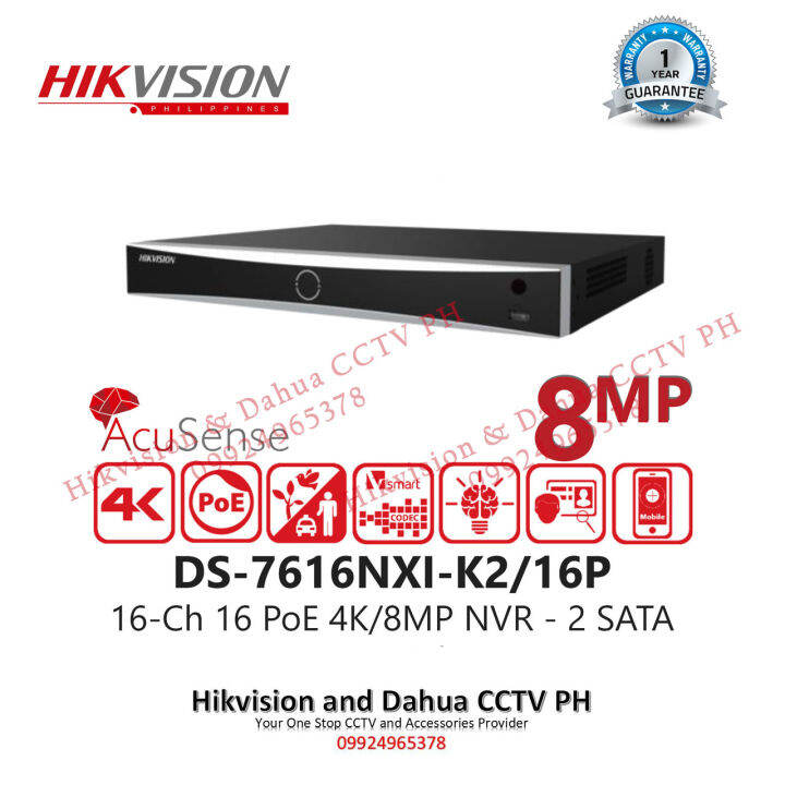 Hikvision DS-7616NXI-K2/16P 16CH 1U 16 PoE 4K AcuSense NVR w 16 Built-in PoE Interfaces Network ...