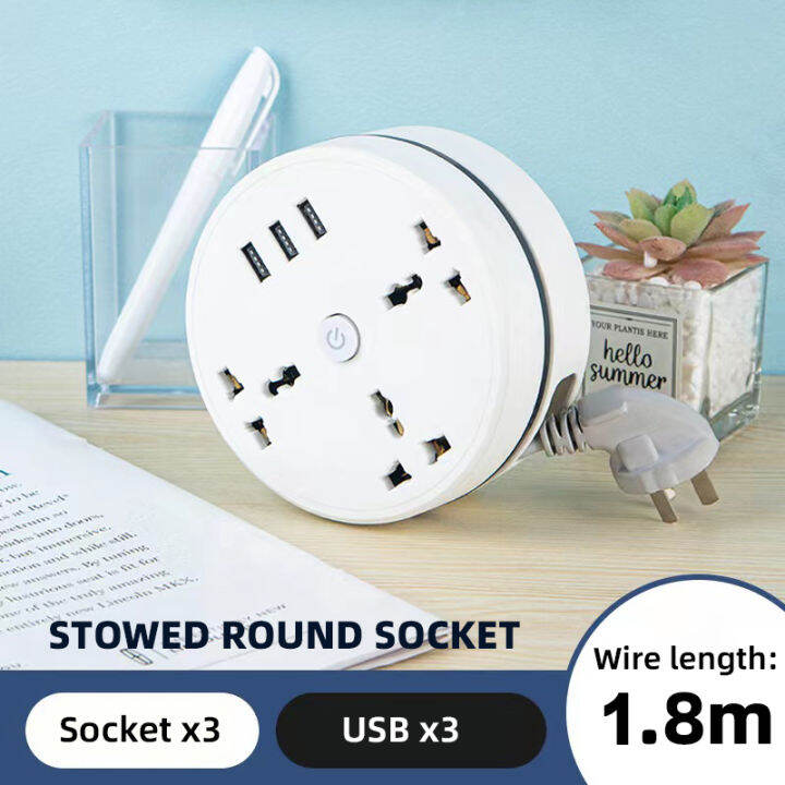Round Power Extension Socket 3-pin Plug 3 AC Universal with 3 USB Ports ...