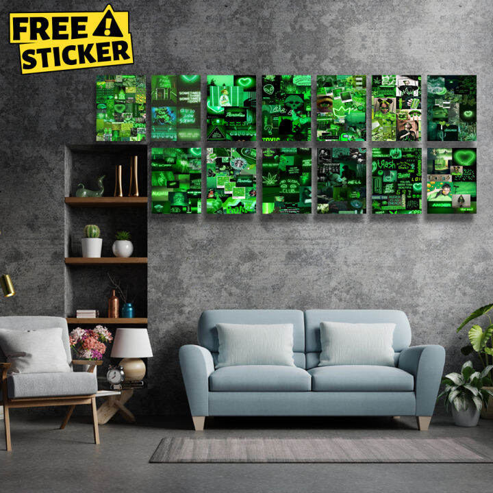 Hallo Print Wallpaper dinding aesthetic Kamar Cowok Distro Glow Green ...