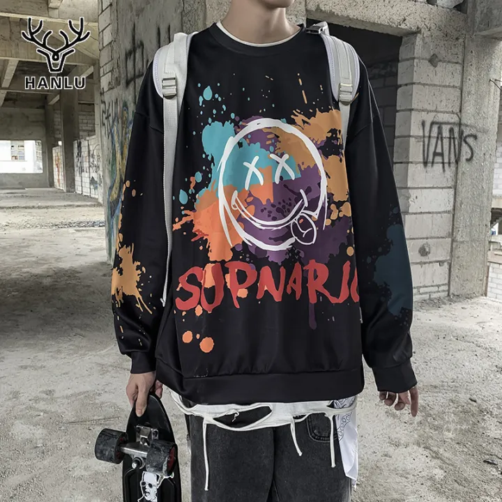 Hanlu เสื้อสเวตเตอร์พิมพ์ลายเท่ๆสำหรับผู้ชาย เสื้อกันหนาวแบบสวมหัว ...