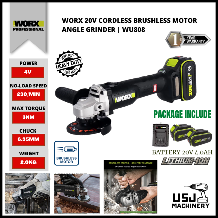 WORX 20V Cordless Brushless Motor Angle Grinder WU808 | 1 Year Warranty | Lazada