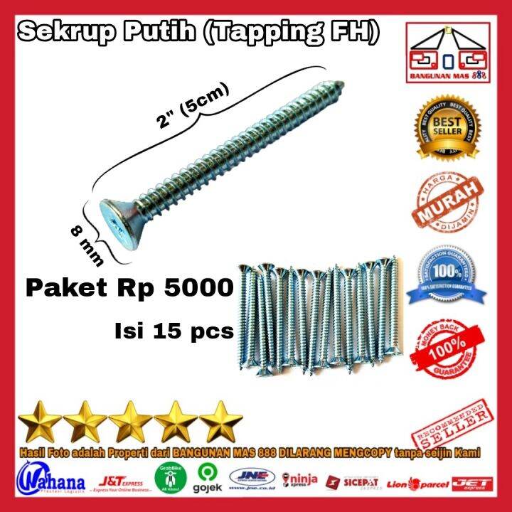 SEKRUP PUTIH 8X2 in isi 15 pcs ( kepala 8mm x panjang 50mm) tapping Fh ...