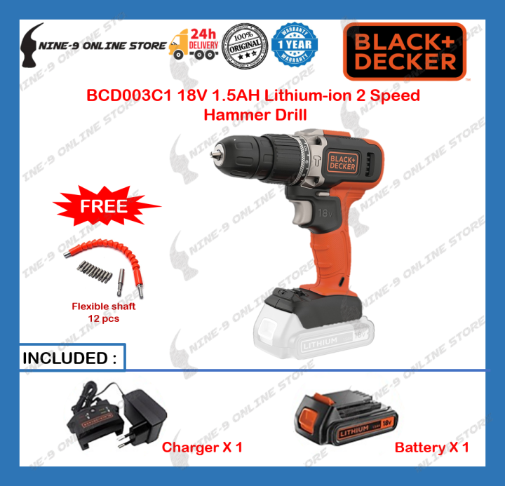 BLACK & DECKER BCD003C1 18V 1.5AH Lithium-ion 2 Speed Hammer Drill ...