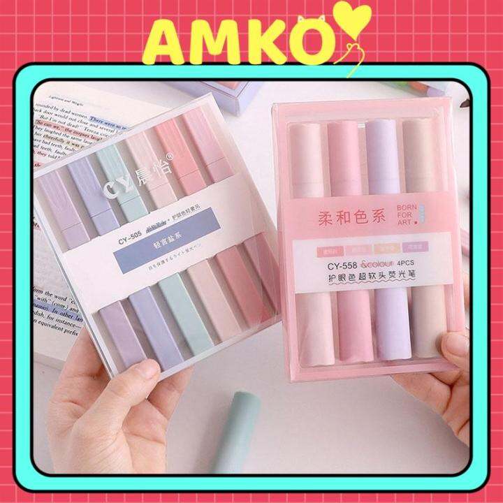 Set 6 Bút Dạ Quang Highlight 2 Đầu Đánh Dấu Ghi Chú Bài Học, Trang Trí Sổ Tay AMKO B15 B17 B24 ...