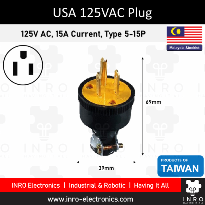 USA 3 Pin Plug, 5-15P, 125V AC 15A, NEMA 5-15, 110V, Cable Mount | Lazada