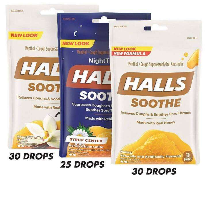 Halls Soothe Variety Pack, Vanilla, Honey, Chamomile, 25-30 Drops ...