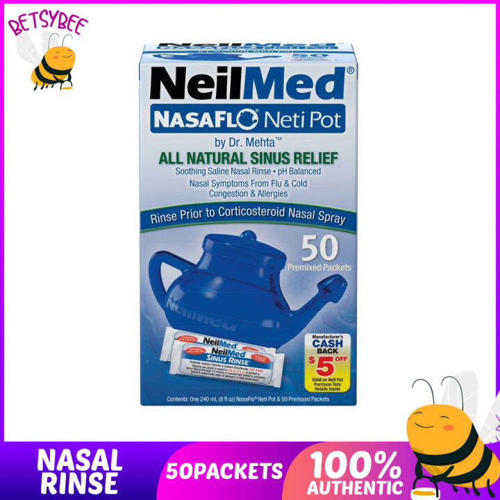 NeilMed NasaFlo Neti Pot with 50 Premixed Packets Soothing Saline Nasal ...
