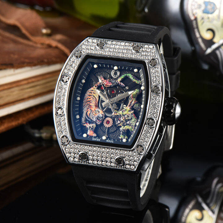 Hot!Tonneau Watch Diamond Inlay Dragon and Tiger Playing with Beads Men ...