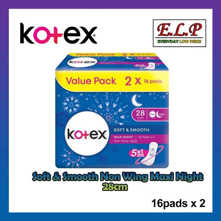 Kotex Soft & Smooth Non-Wing Maxi Night 28cm Value Pack 2x16Pads | Lazada