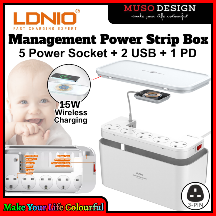 LDNIO Management Power Strip Box 15W Wireless Charging with 5 Socket+ 2 ...