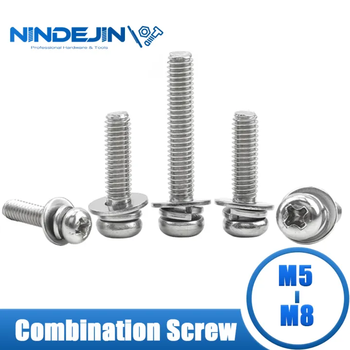 NINDEJIN 5/20pcs Cross Recessed Pan Head Screw with Washer 304 Stainless Steel M5 M6 M8 Three ...