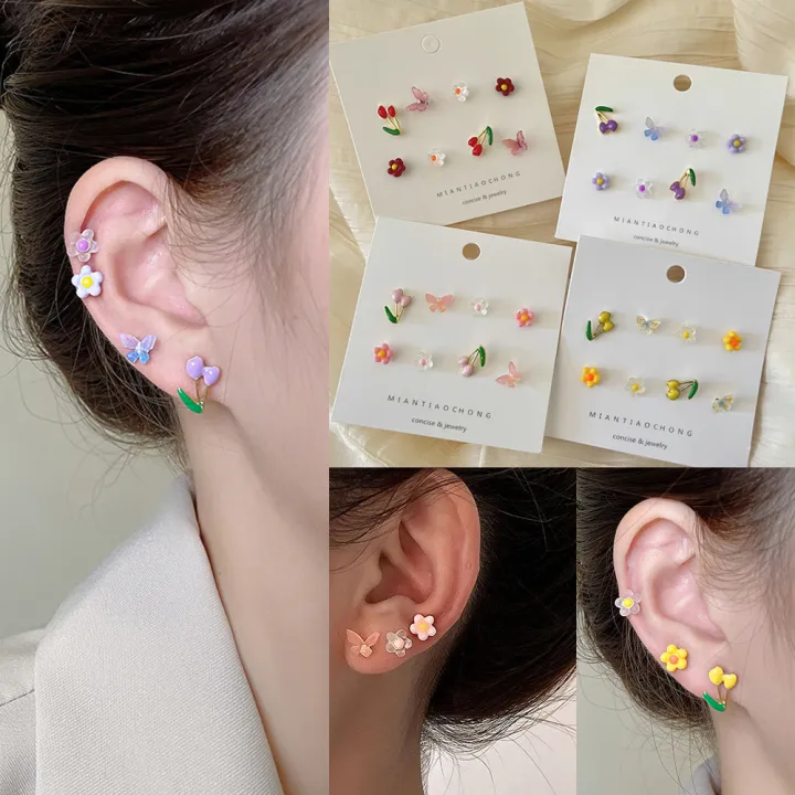 YWYK ชุดต่างหูสตั๊ดลายดอกไม้ผีเสื้อสำหรับผู้หญิง,ต่างหูอะคริลิกดอกทิวลิปเครื่องประดับแฟชั่นแบบ ...