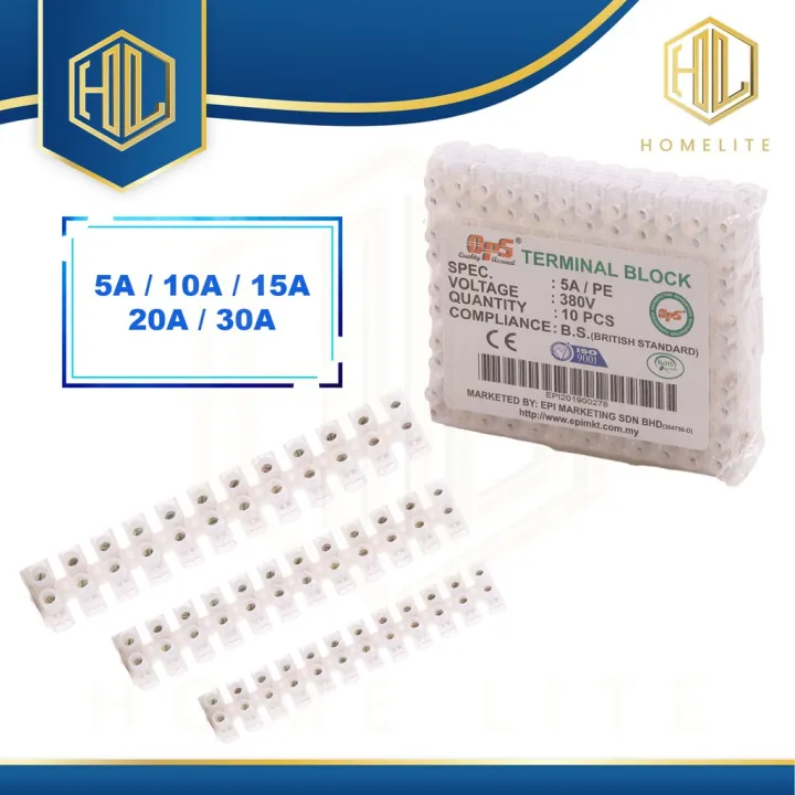 [10PCS/PACK] HOMELITE 5A / 10A / 15A / 30A PVC CONNECTOR TERMINAL BLOCK ...