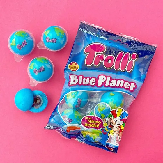 Trolli BLUE PLANET (Planet Gummi) Fruit flavored gummi with sour jam ...