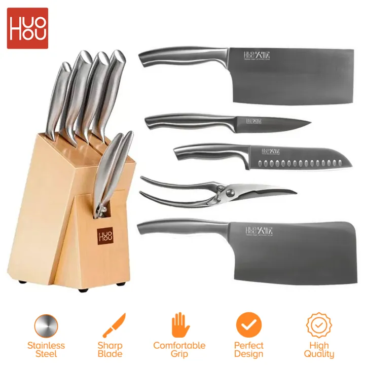 HUOHOU 5-in-1 Knife Set with Stand Seamless Knife Design Stainless Steel 4 Knives and Scissors ...