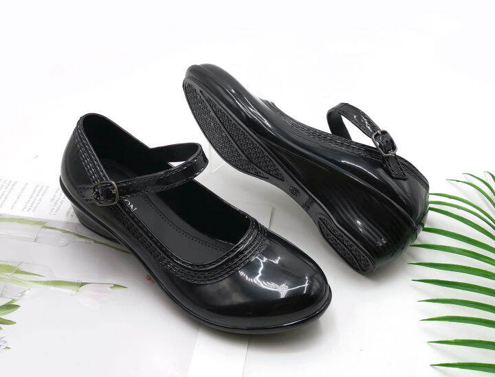 Women Kids girl black school shoes glossy rubber waterproof office work ...