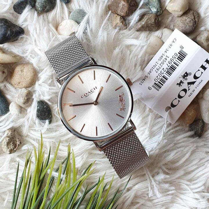 Coach 40mm Three Hand Perry White Dial Mesh Bracelet Silver Men's Watch ...