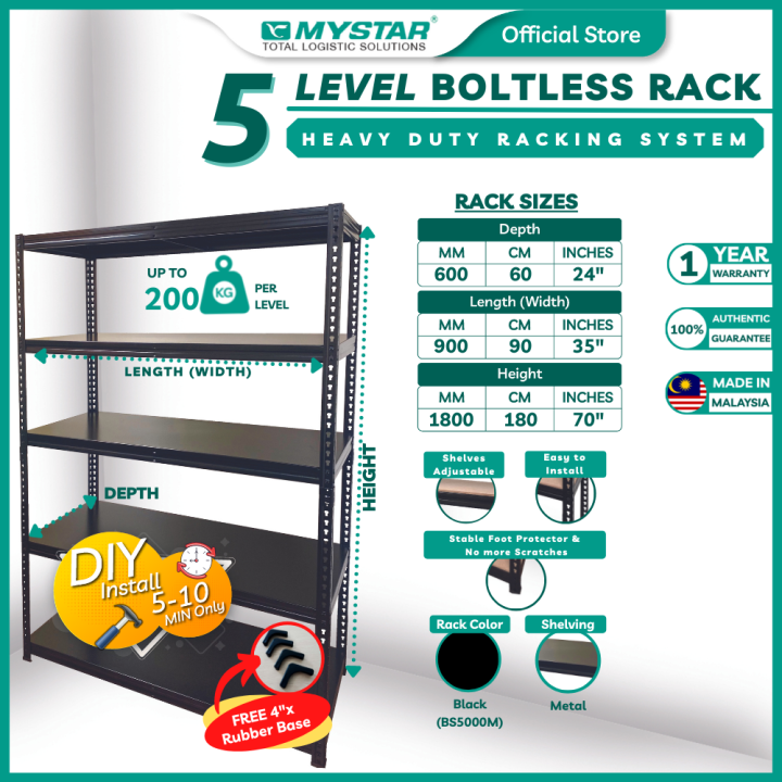 MYSTAR Boltless Rack 60 x 90 x 180 cm 200Kg/L 5 LEVEL STEEL SHELF Heavy ...