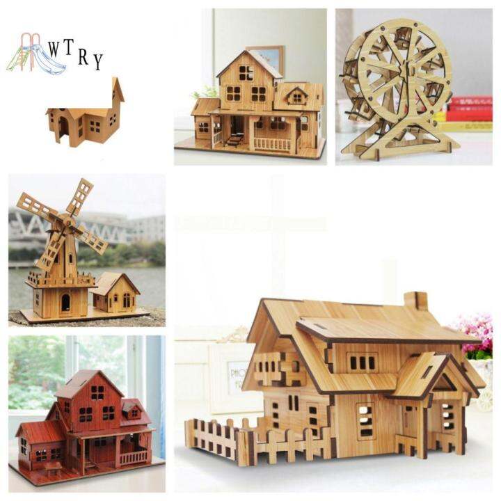 WTRY Windmill 3D Wooden Puzzle Villa House Bamboo Castle DIY Ferris ...