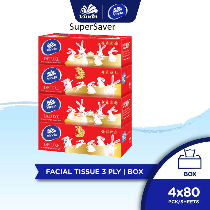 Vinda Deluxe Box Pack Facial Tissue CNY Edition 3 Ply (4 Boxes x 80's ...