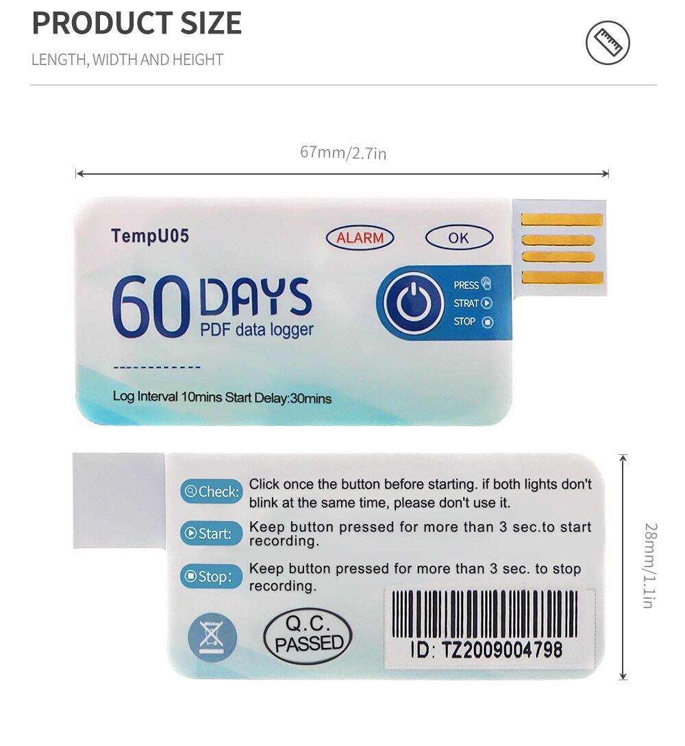 TempU05 Temperature Data Logger 60 Days PDF Report Disposable Single Use USB Temperature ...