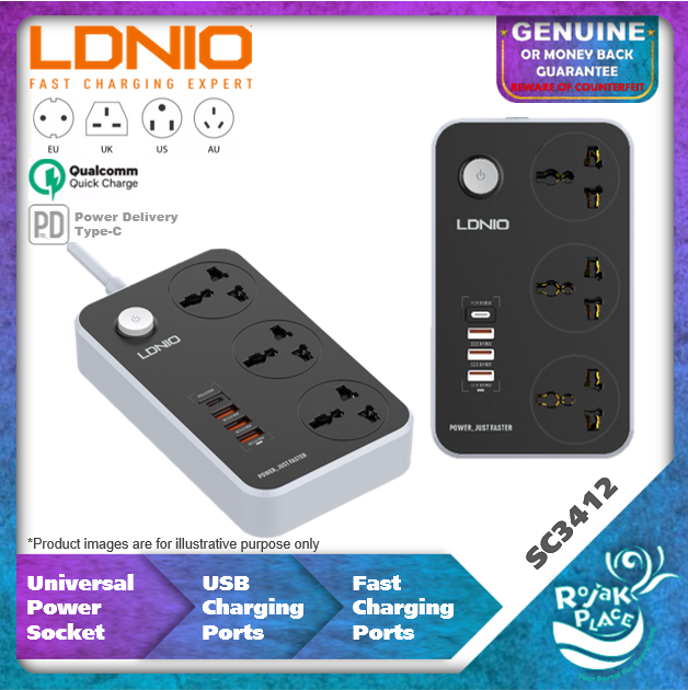 LDNIO SC3412 Power Strip 2-Meter Wall Extension Plug Cord with 3 Universal Socket Outlets and 3 ...
