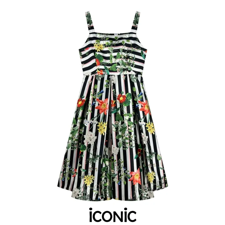 iCONiC STRIPESY DRESS #5125 เดรสผ้าไหม ลายทาง ดอกไม้ อก36" เอว30" ยาว41 ...