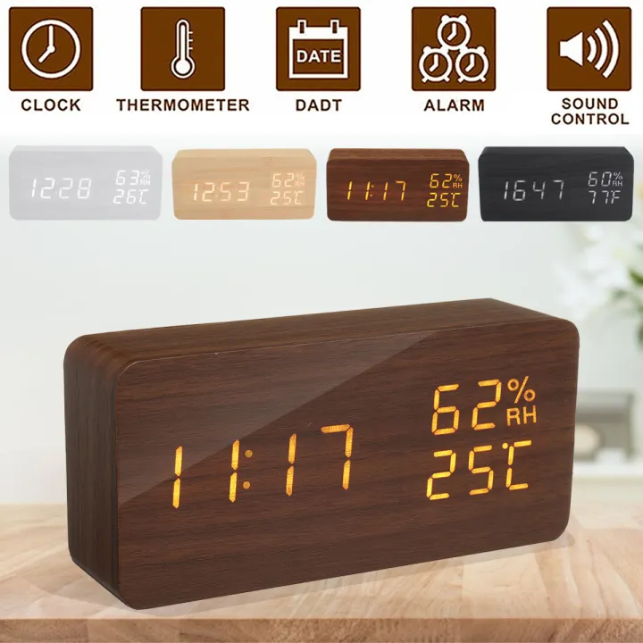 Wooden Digital LED Display Desk Table Table Clock Temperature Alarm ...