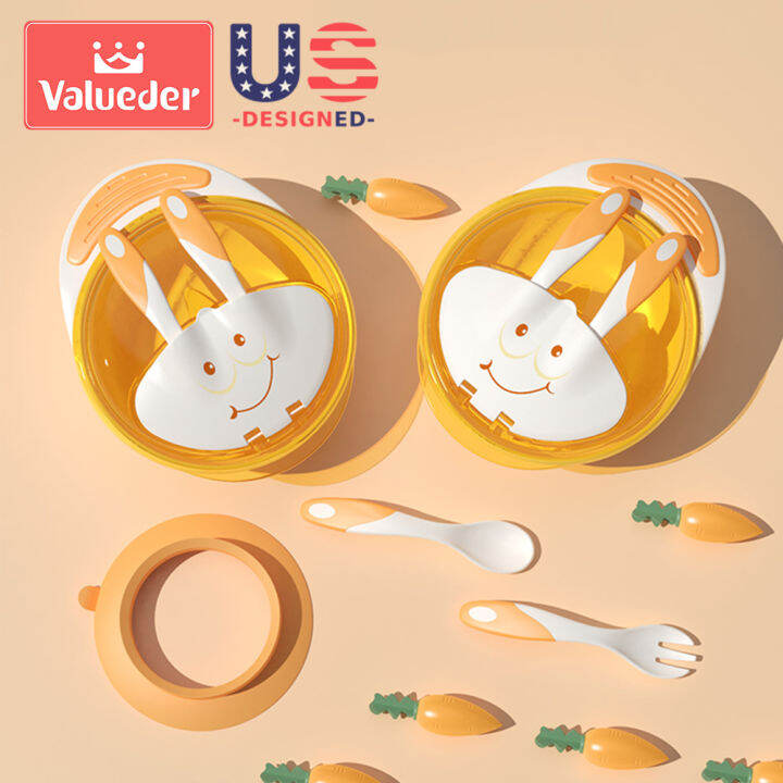 Valueder ชามเด็กก้นดูด ชามหัดกิน ชามดูดโต๊ะสำหรับเด็กฝึกกิน ถ้วยข้าวเด็กพร้อมฝาปิดและช้อนส้อม ...