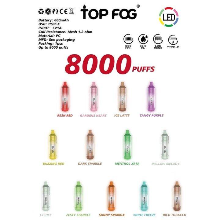 HOT TOP FOG RGB LED 8000 Puffs Disposable Vape Pod 8k Puff Dispo 5 ...