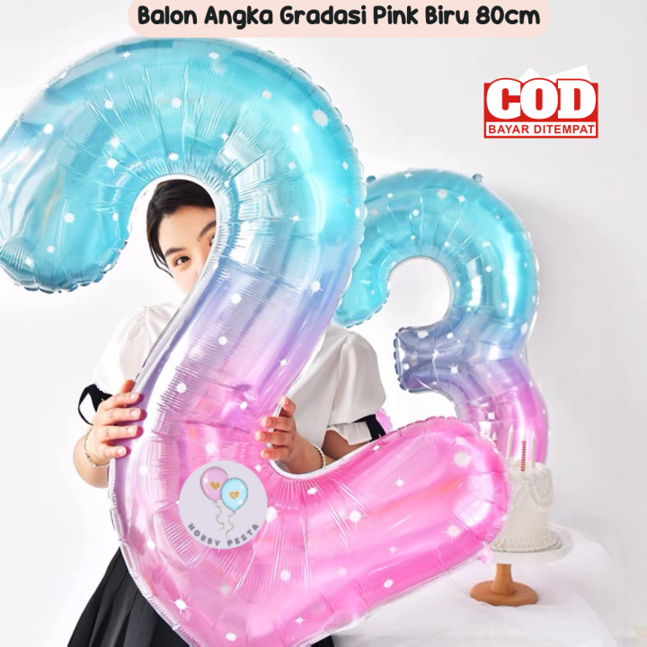 BALON ANGKA ULTAH JUMBO 80CM GRADASI PINK BIRU / BALON FOIL ANGKA 80CM ...