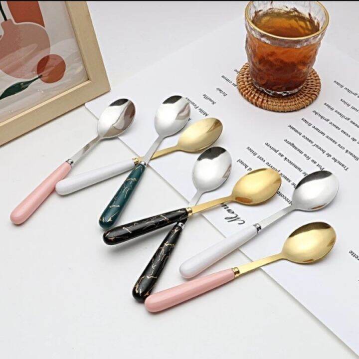 Peralatan Makan Sendok Set Keramik Stainless Luxury Marble Spoon Dapur ...