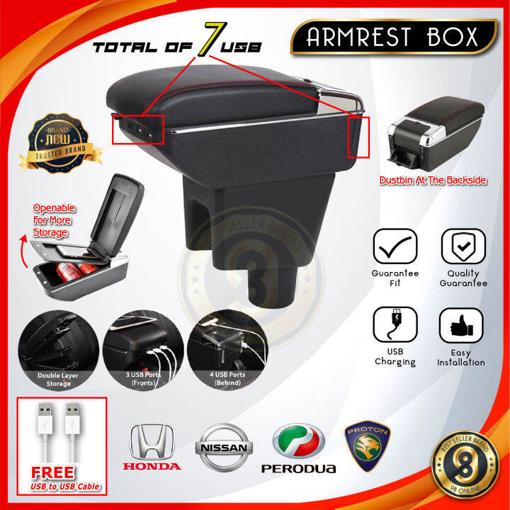 Double 2 Layers 7 USB Car Arm Rest Armrest Console Box Perodua Myvi ...