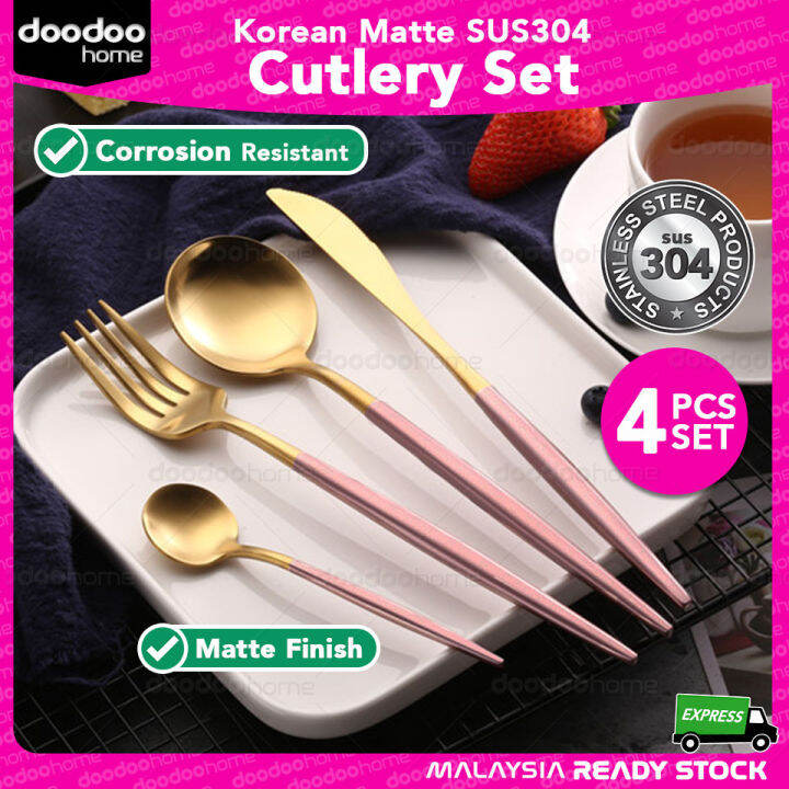 4pcs Tableware Set Korean Matte SUS304 Cutlery Set Golden Knife Spoon ...